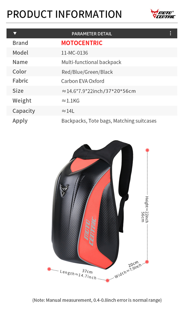 MOTOCENTRIC Motorcycle Backpack Helmet Bag Waterproof Carbon Fiber Moto ...