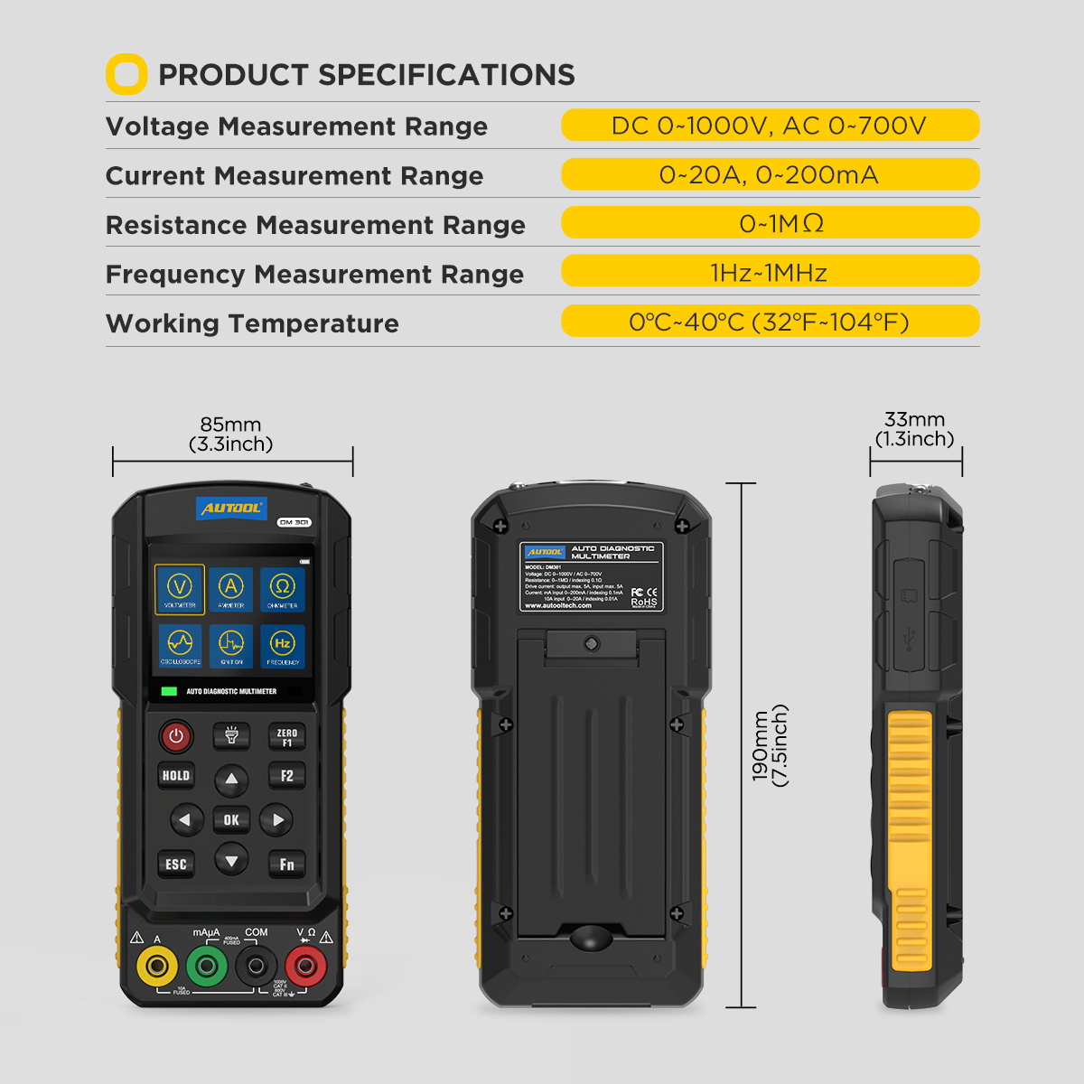 AUTOOL DM301 Automotive Diagnostic Multimeter Digital Multimeter DC/AC ...