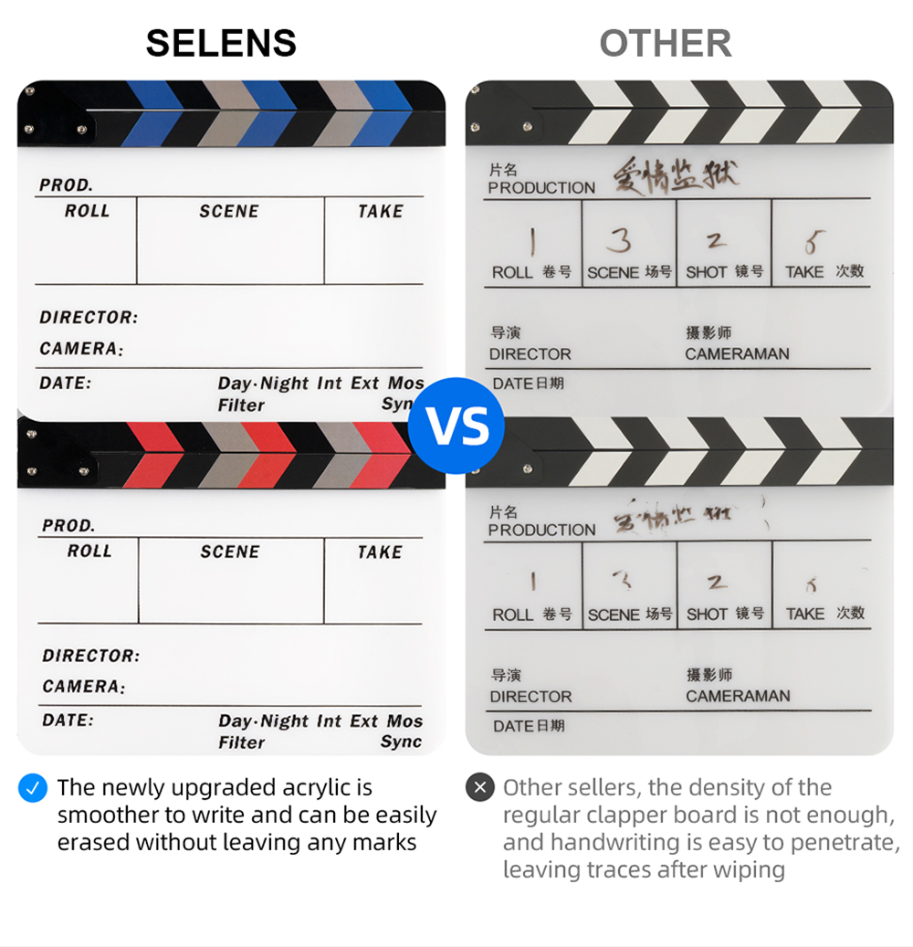Selens Clapper Board Acrylic Movie Action Slate Director Film Clapboard ...