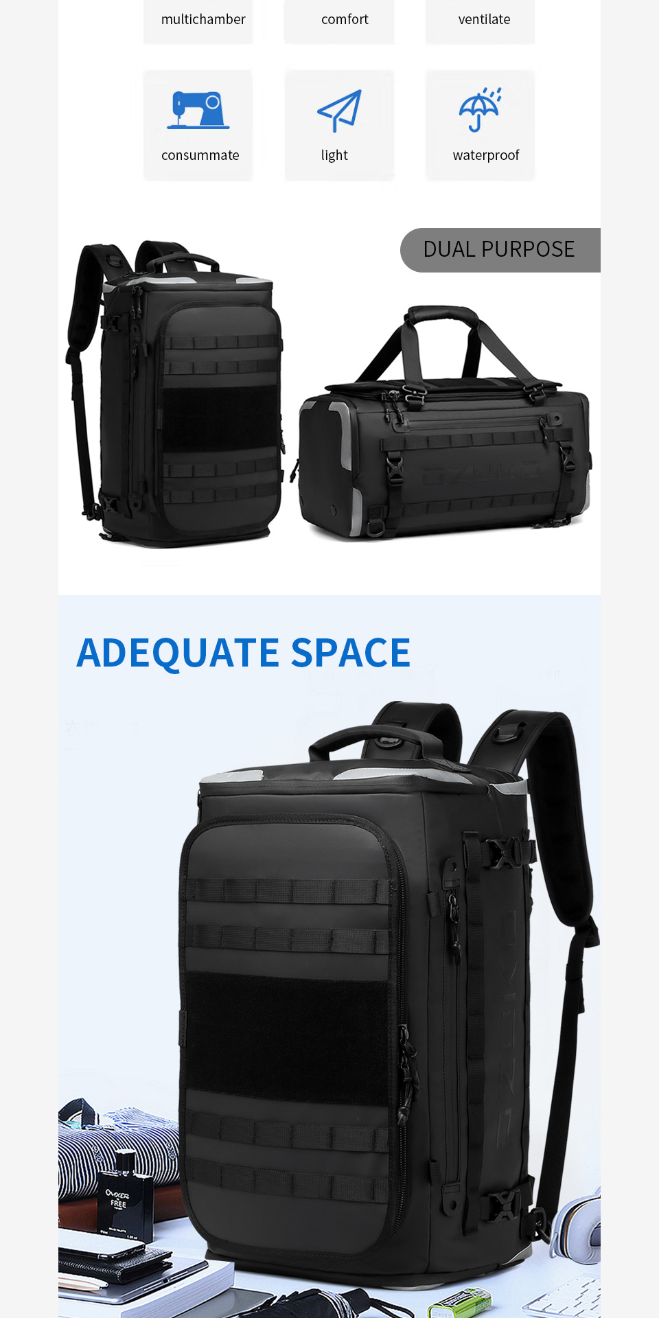 OZUKO Large Capacity Waterproof Travel Bag Multifunction Outdoor ...