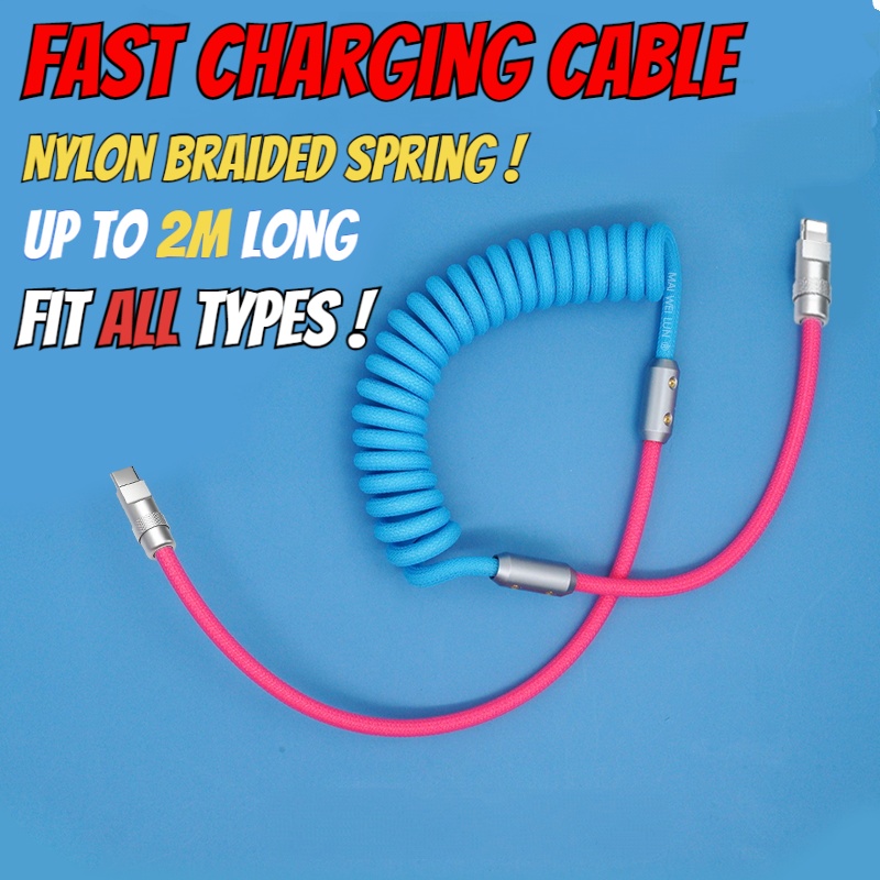120W 6A Super Fast Charging Cable Up to 2m Nylon Braided Spring Type-C ...