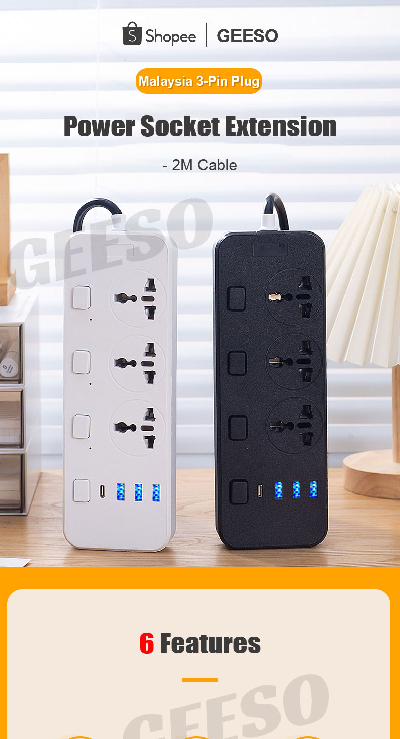 GEESO Universal Power Socket Extension With 3 USB Ports Power Strip ...