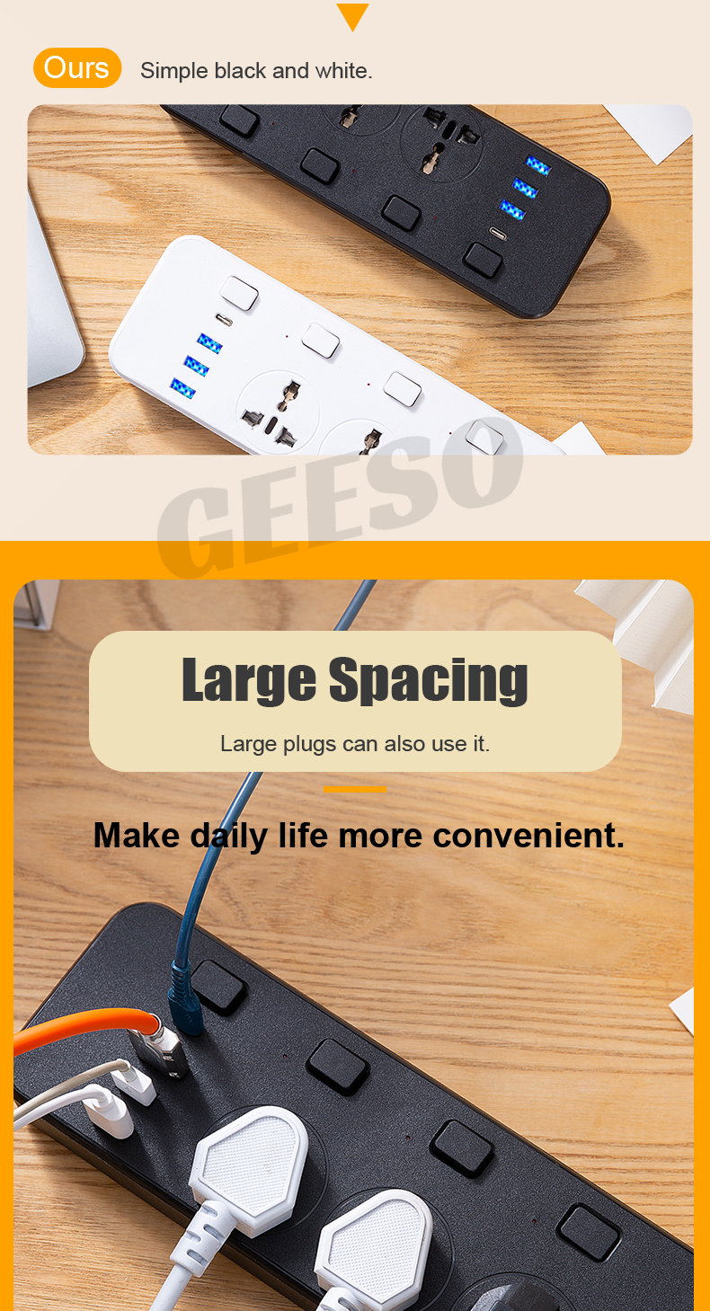 GEESO Universal Power Socket Extension With 3 USB Ports Power Strip ...