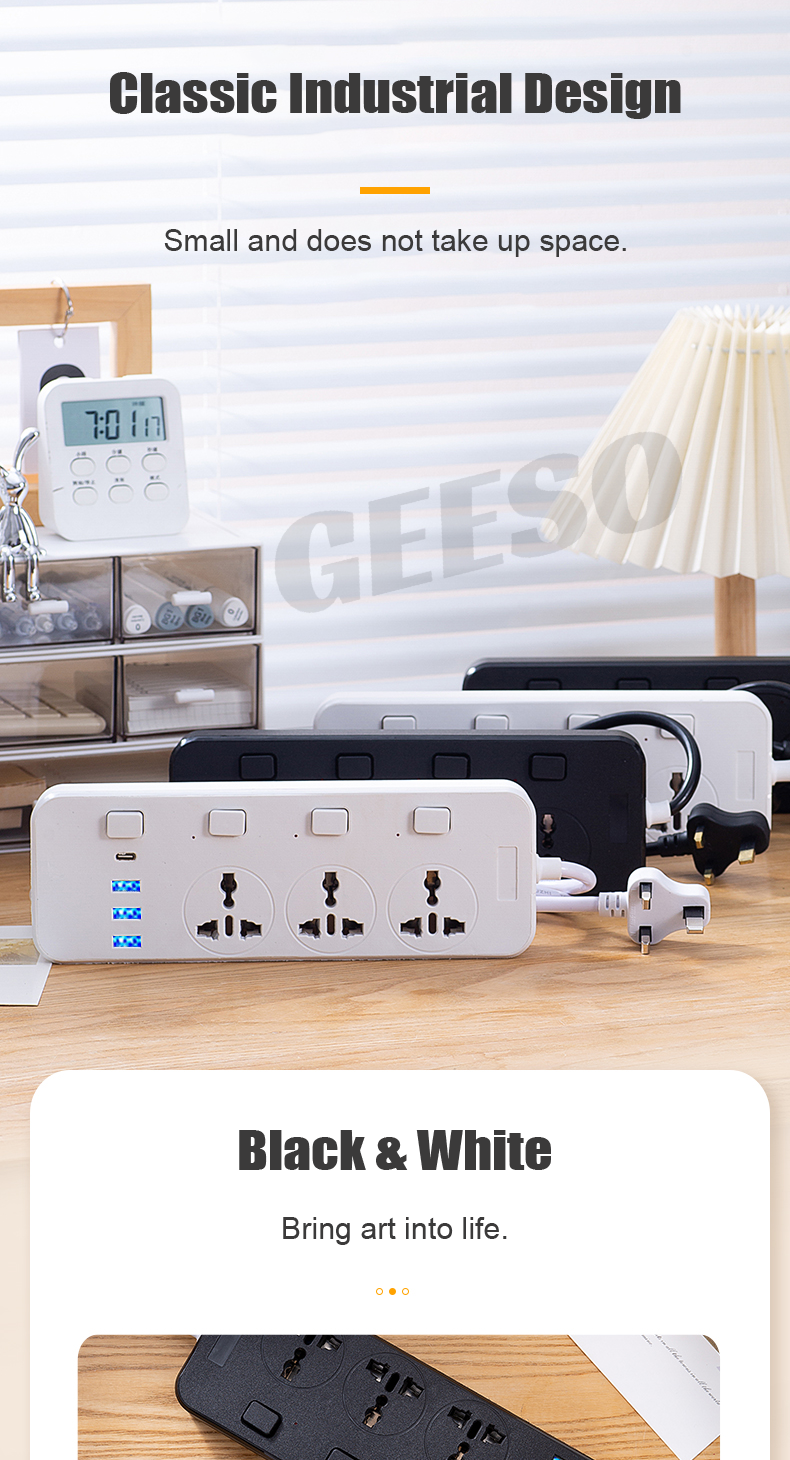 GEESO Universal Power Socket Extension With 3 USB Ports Power Strip ...