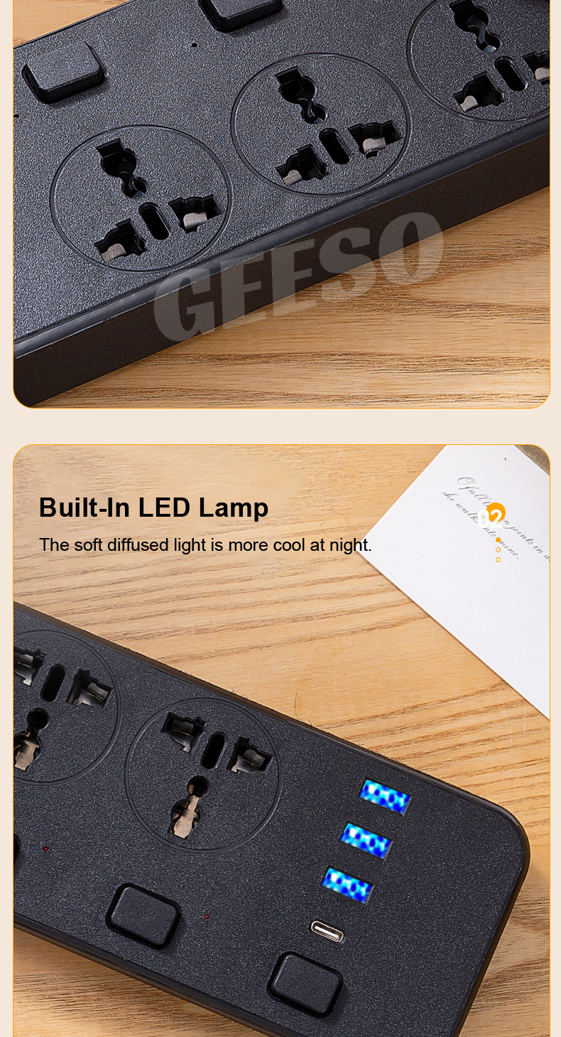 GEESO Universal Power Socket Extension With 3 USB Ports Power Strip ...
