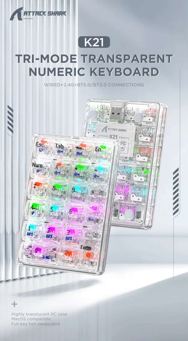 Attack Shark K21 Number Keypad 21keys 3-mode Wireless Transparent ...