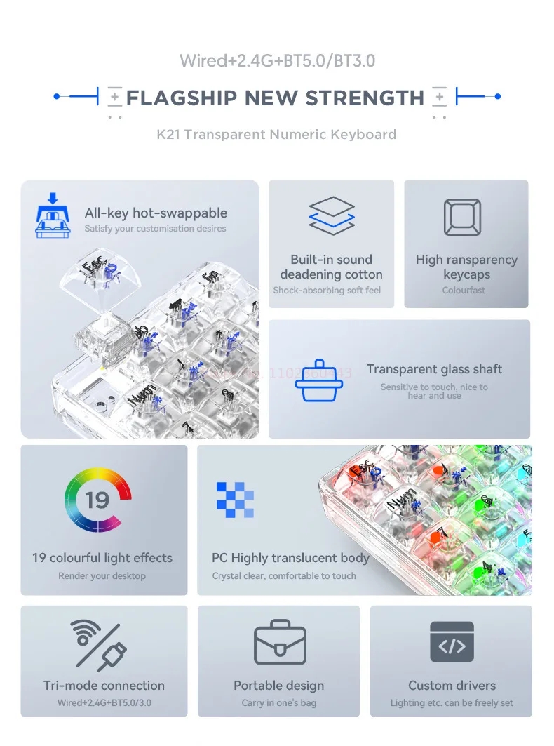 Attack Shark K21 Number Keypad 21keys 3-mode Wireless Transparent ...