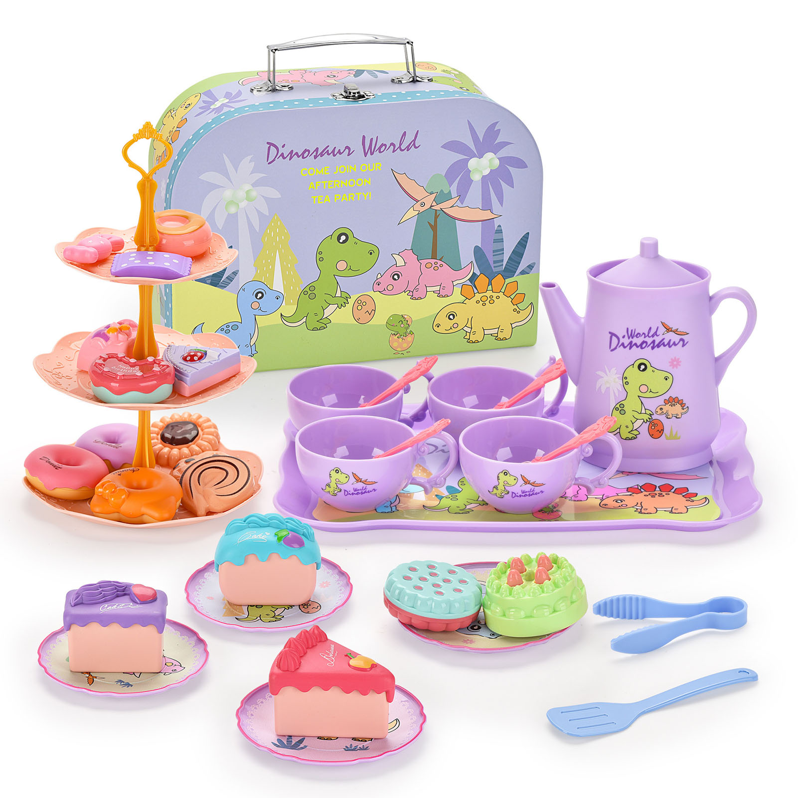 35 Piece Unicorn Tea Party Set for Little Girls, Pretend Tin Teapot Set ...