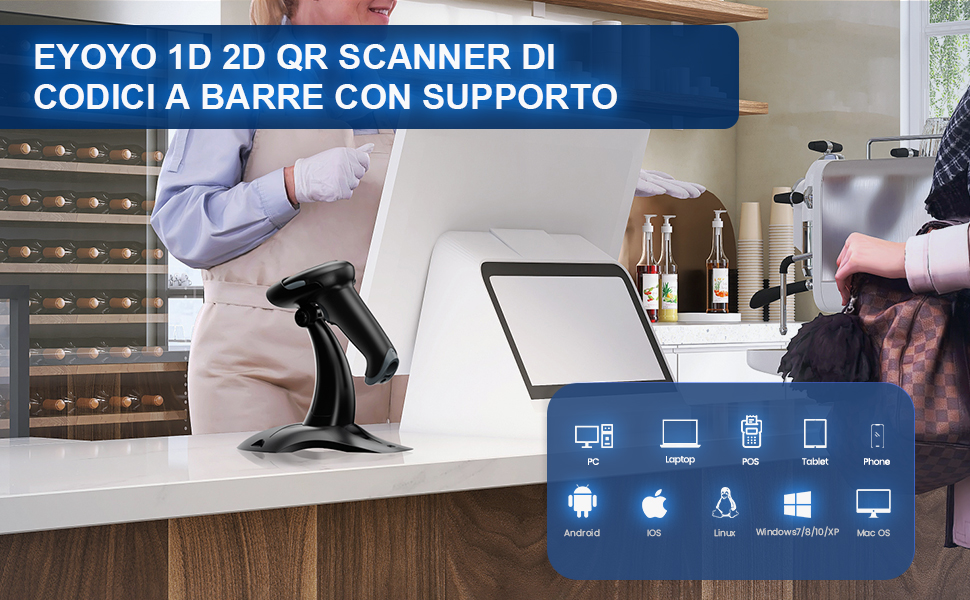 Eyoyo EY-034 2D Wireless Barcode Scanner with 2500mAh Battery 3-in-1 ...