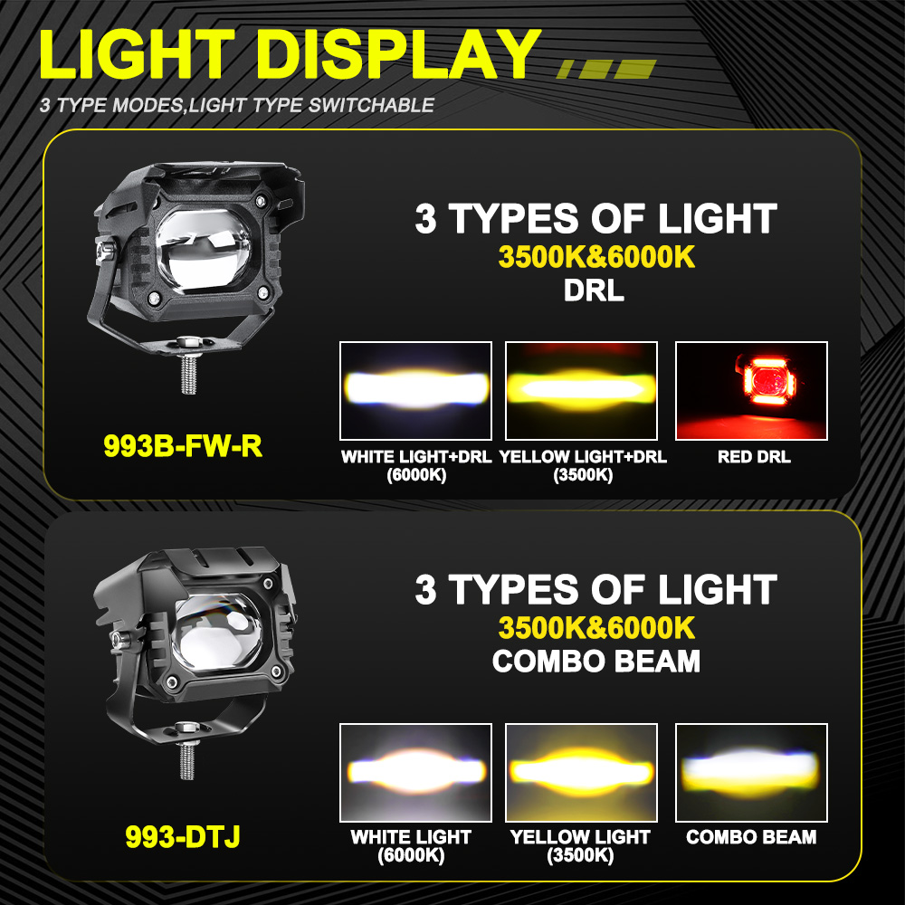 3inch Square Tri-Color DRL LED Driving Light 6500K 3000K Spot and Flood ...