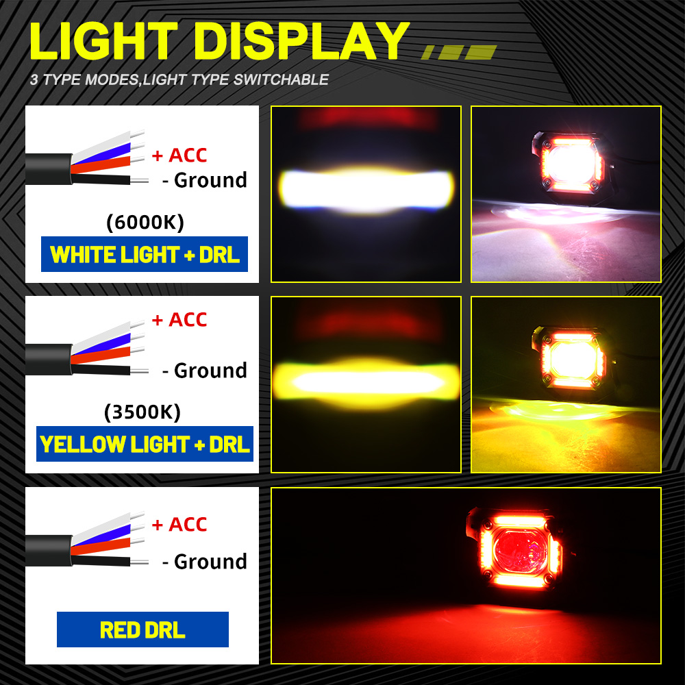 3inch Square Tri-Color DRL LED Driving Light 6500K 3000K Spot and Flood ...
