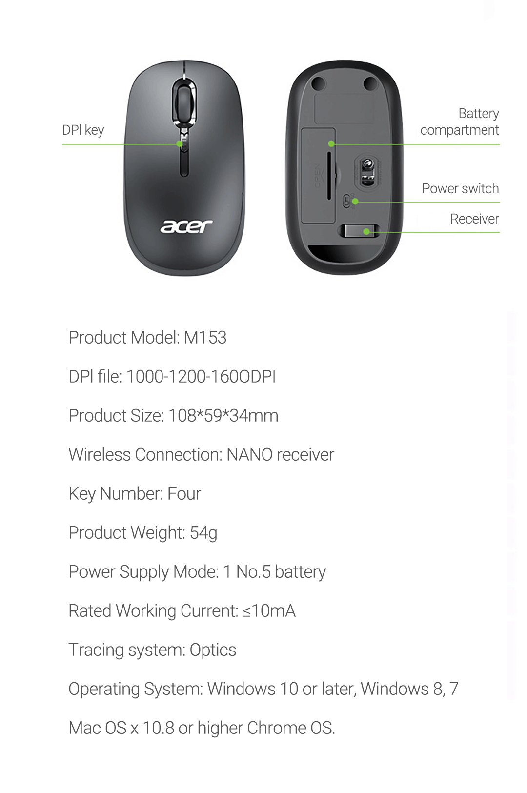 Acer Wireless Mouse M153 2.4G Wireless Connection 3 Speeds DPI Adjustment Mute Mouse | Shopee ...