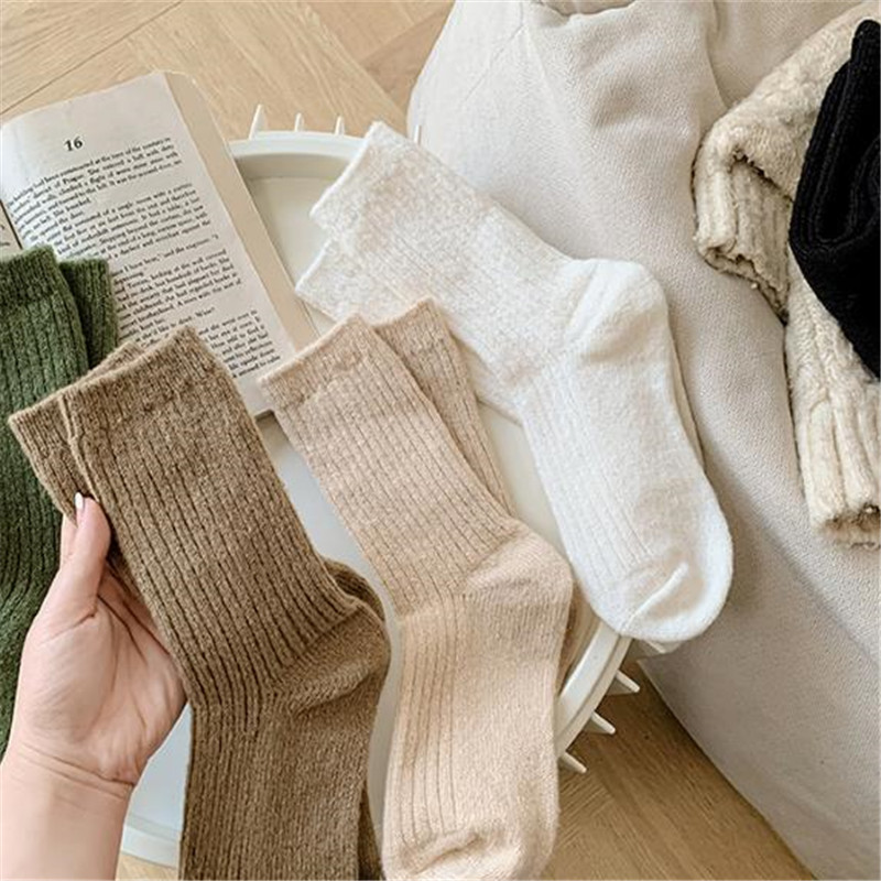 Ladies Korean Socks Solid Color Thickened Warm Wool Socks Mid-tube ...