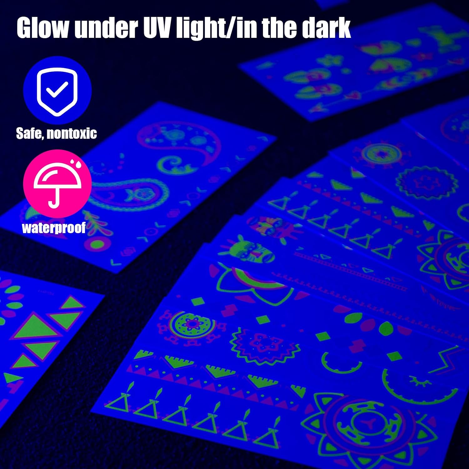 20 Sheet Luminous Fluorescent Tattoos Under UV Neon Blacklight, Glow in ...