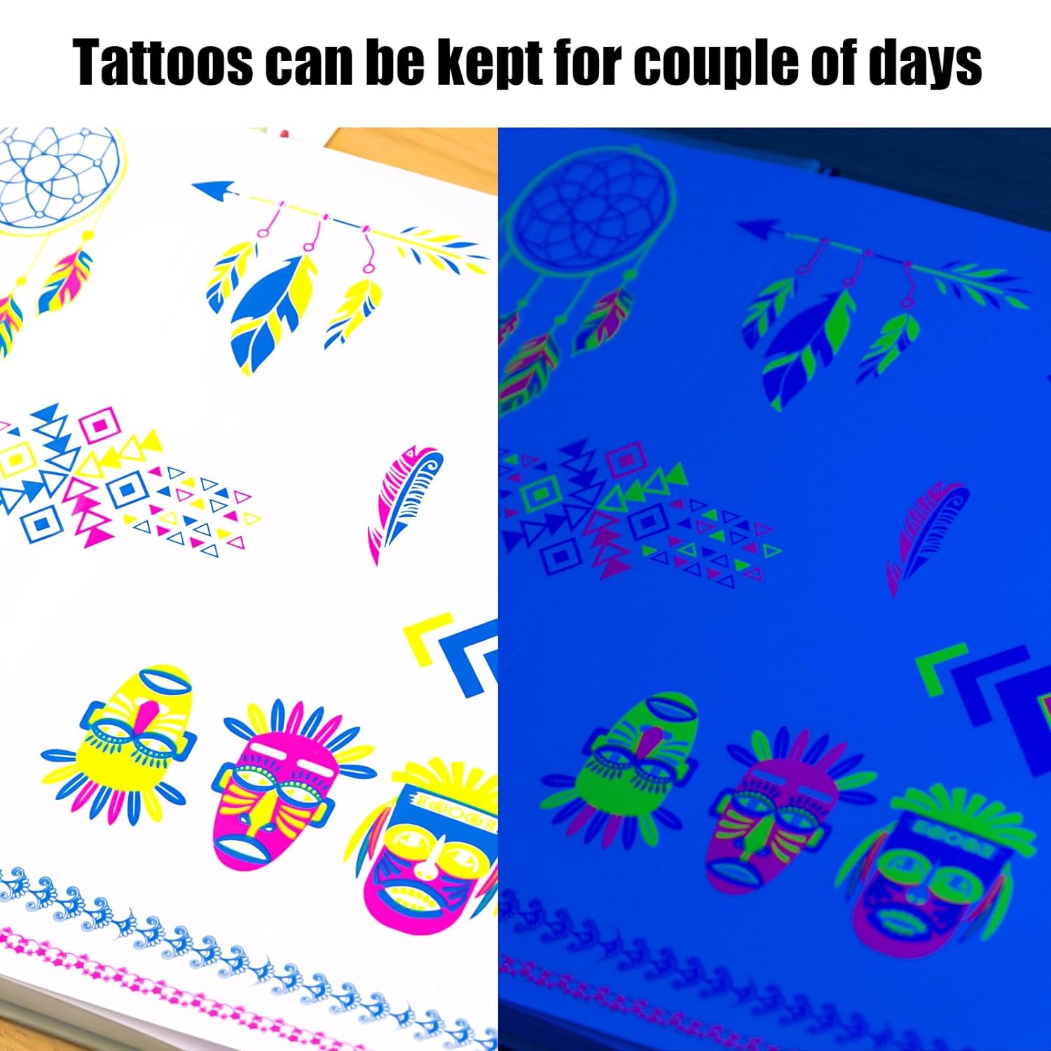 20 Sheet Luminous Fluorescent Tattoos Under UV Neon Blacklight, Glow in ...