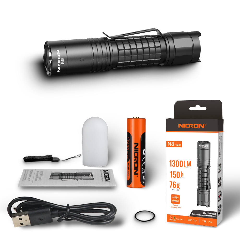 NICRON Flashlight N8 High Brightness 1300Lumen LED Type-C Flashlight Handfree Waterproof LED ...