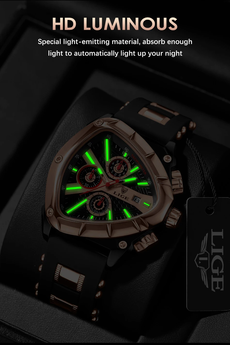 LIGE Watch Men Waterproof Sports Silicone Strap Chronograph Luminous ...