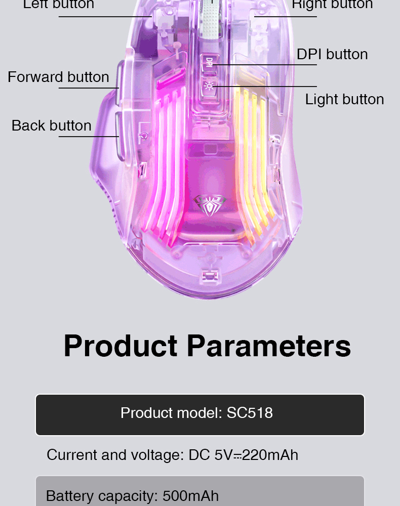 AULA SC518 Wireless Mouse 2.4G Bluetooth Connection RGB Light Effect 6 ...