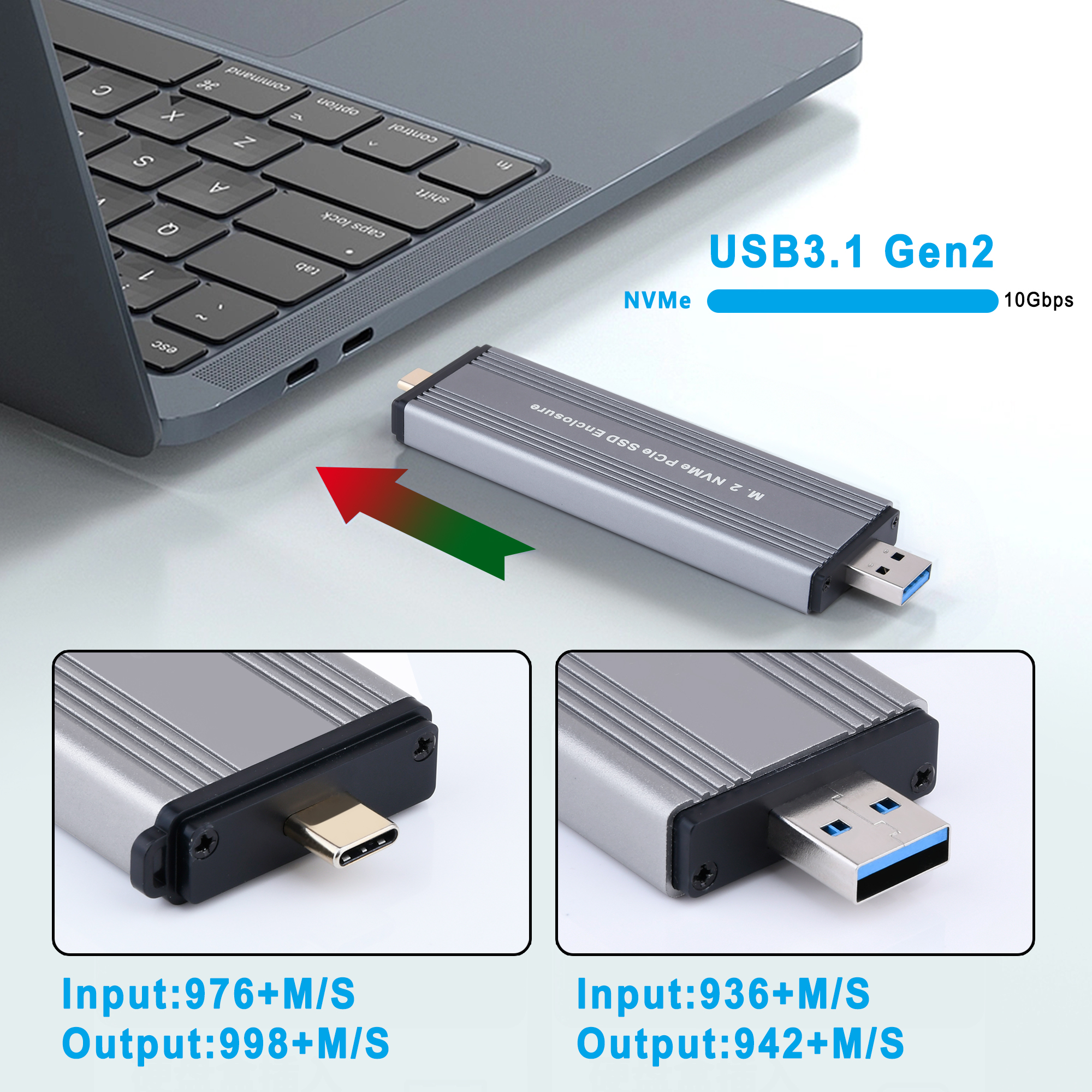 M2 SSD Case M.2 to USB 3.1 Gen 2 10Gbps Aluminum Case USBC USBA to NVMe ...