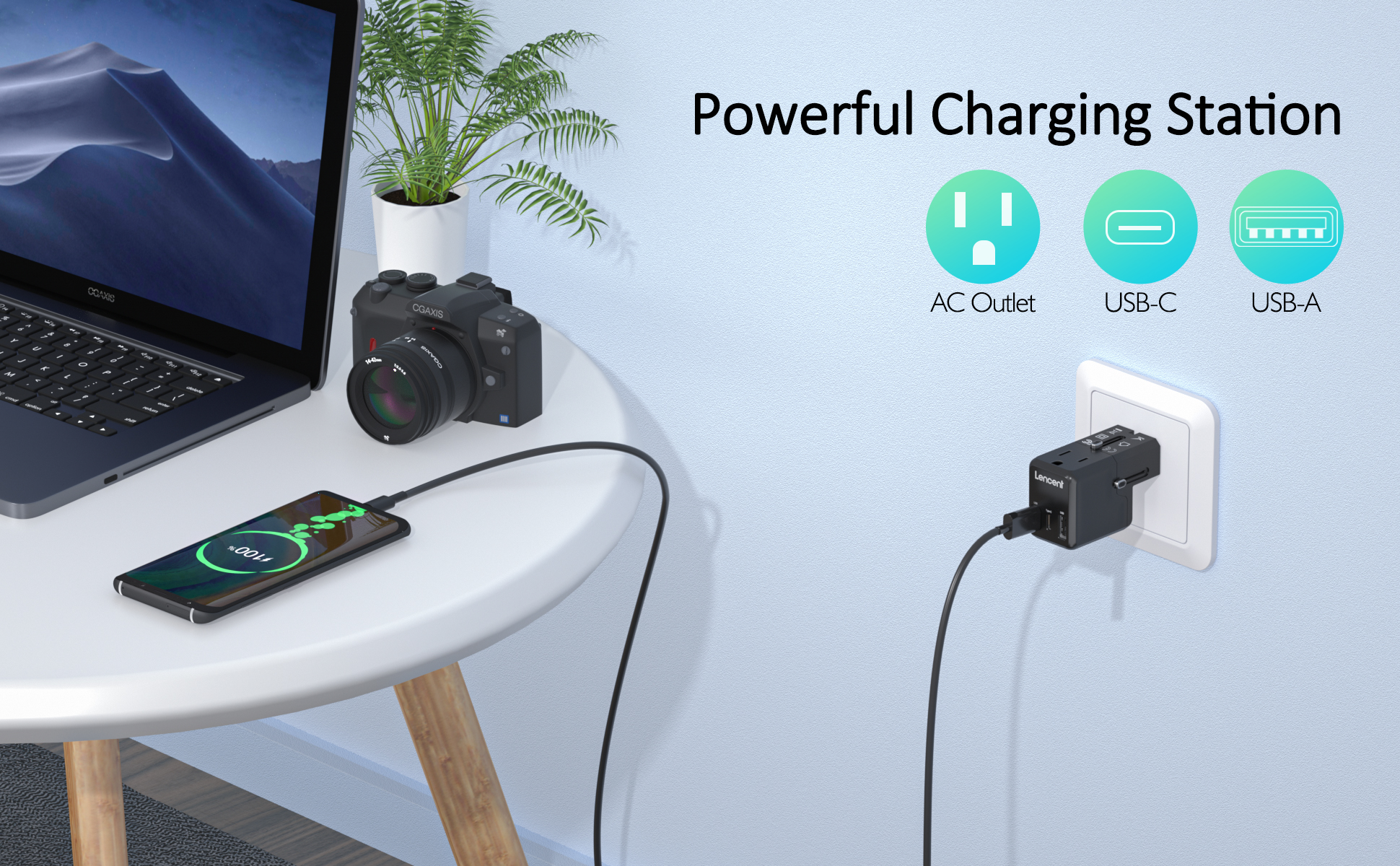 LENCENT All-in-One Charger Universal Travel Adapter with 1 AC Outlet 3X ...