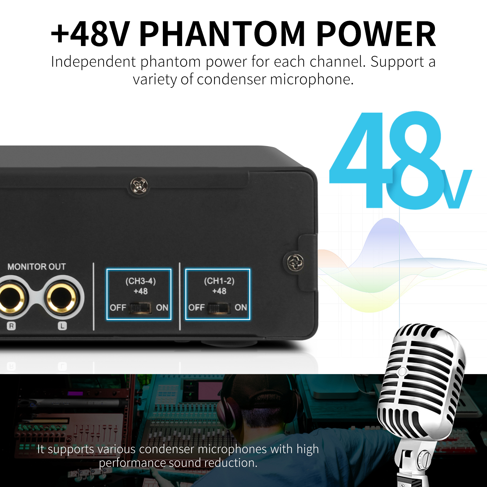 XTUGA MD44 4 Channel Professional Audio Interface Stereo/Mono USB Sound ...