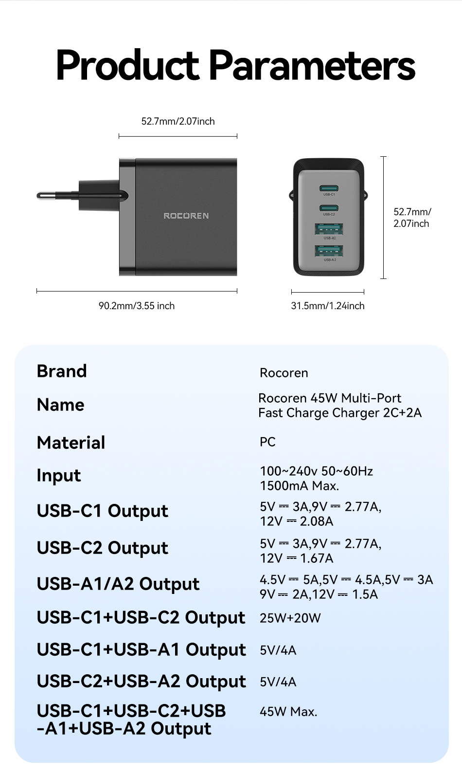 Rocoren GaN 45W Fast Charging Multiple 4 Ports Type C PD USB Portable ...