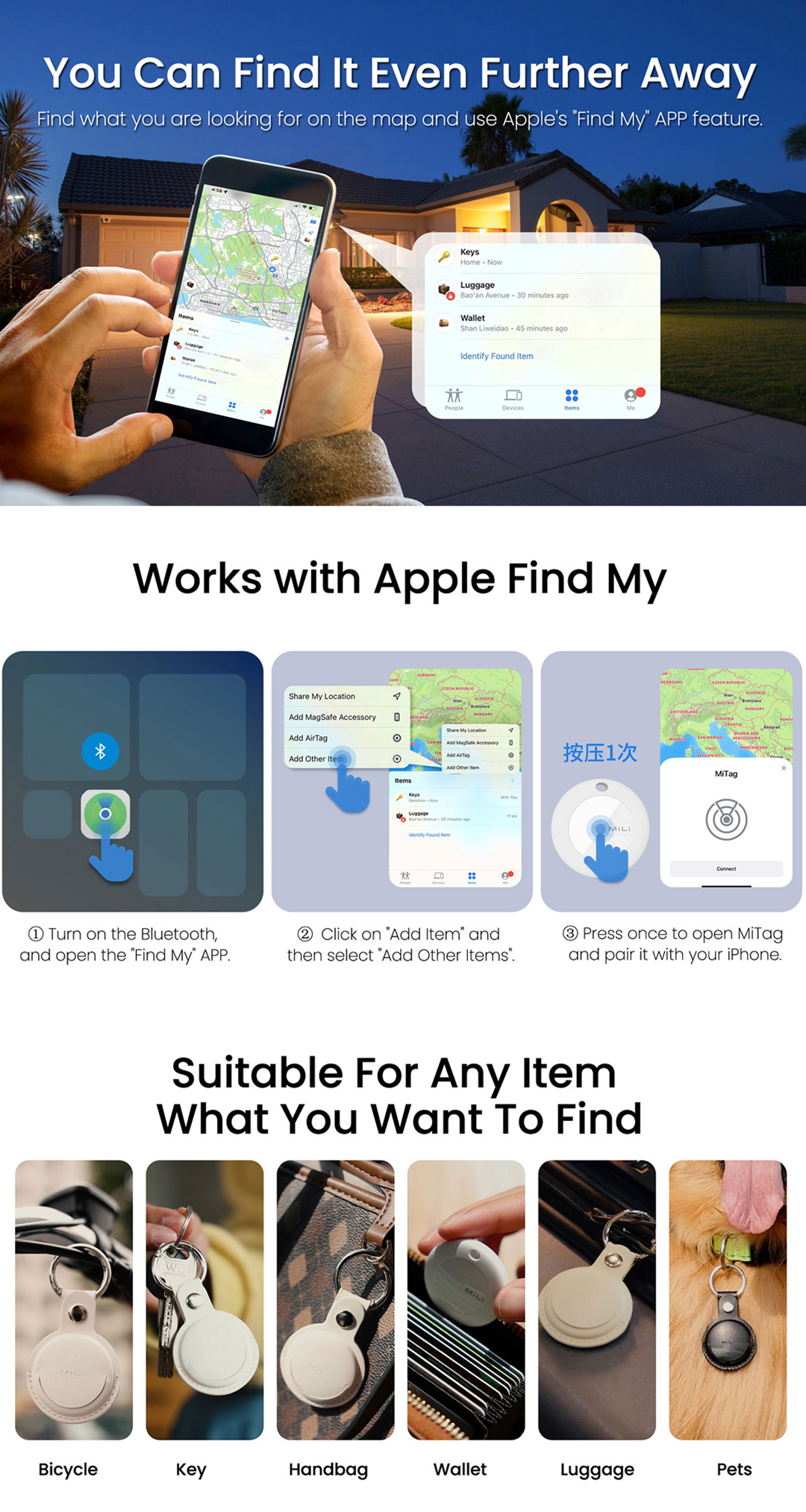 MiLi MiTag GPS Keys And Pet Locator Bluetooth Tracker For iOS | Shopee ...