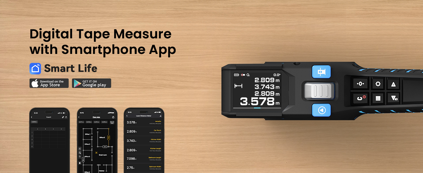 Mileseey DTX10 3-in-1 Measuring Equipment Digital Tape Measure 100M with Bluetooth Connection ±0 ...