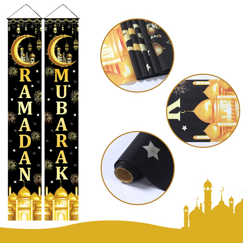 2pcs Eid Mubarak Door Curtain hari raya Black Blue Polyeter Door Banner ...