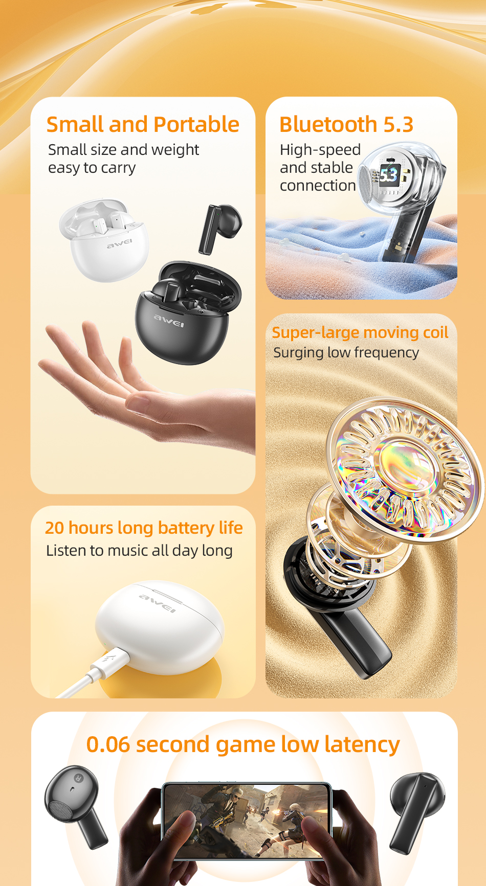 Awei T87 Bluetooth Earphone Wireless Earbud ENC Call Noise Cancelling ...