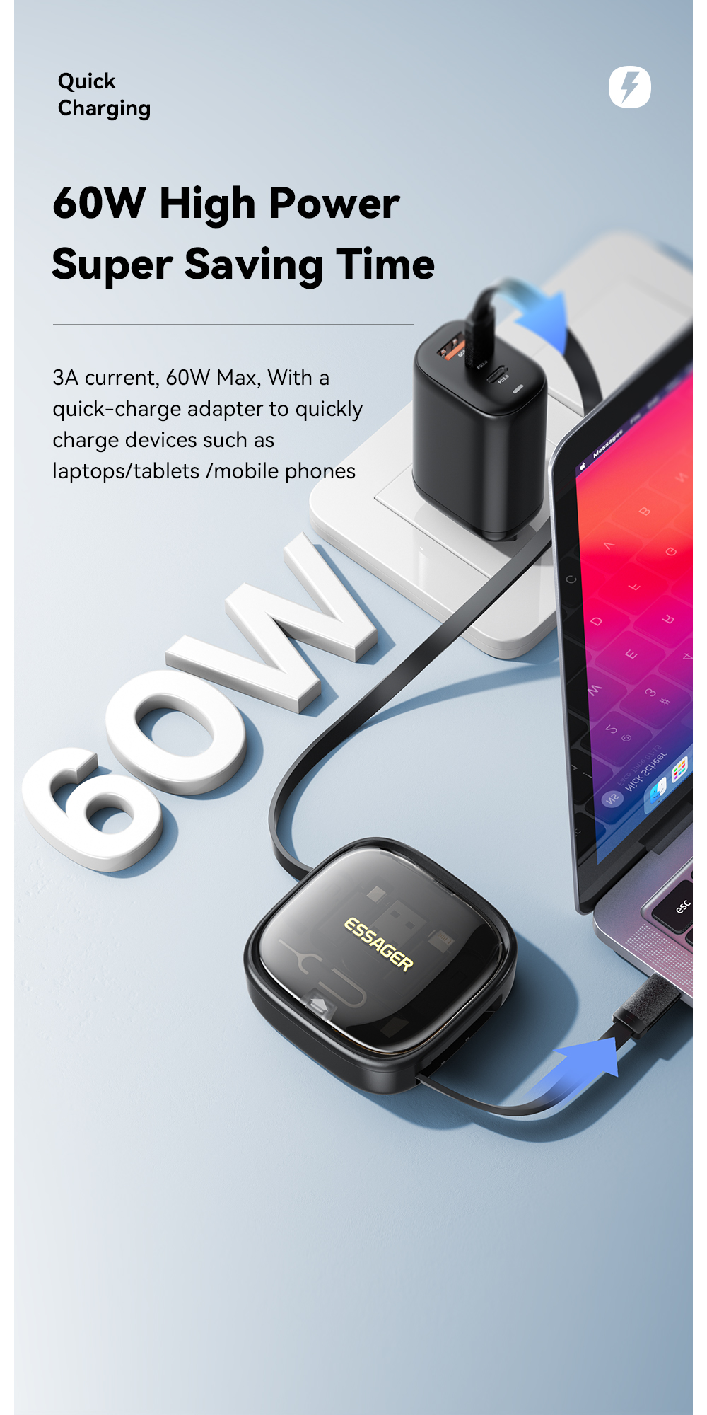 Essager 60W Stretchable 3A Fast Charging Cable Data Transmission ...