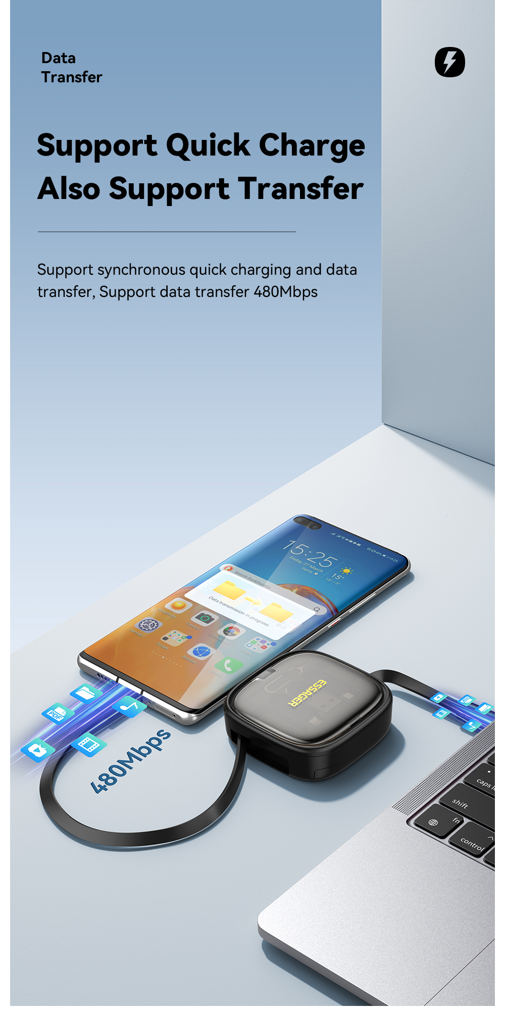 Essager 60W Stretchable 3A Fast Charging Cable Data Transmission ...