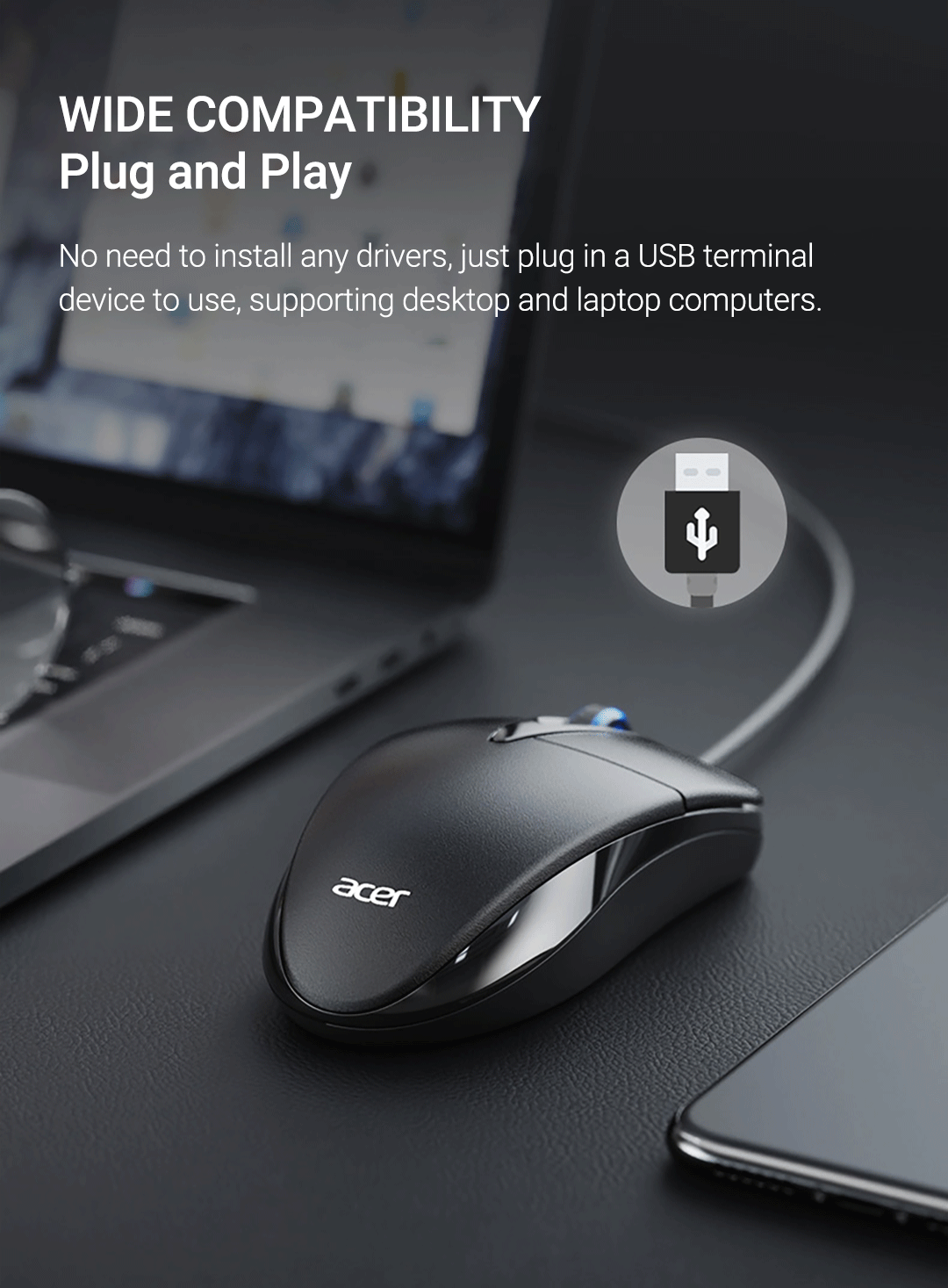 Acer Wired Mouse M119 Reduce Noise USB Interface 1000DPI Mute Design E ...