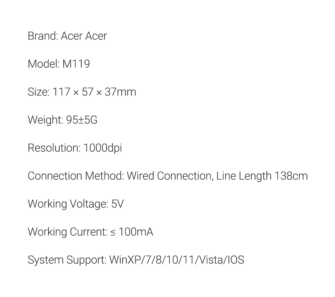 Acer Wired Mouse M119 Reduce Noise USB Interface 1000DPI Mute Design E ...
