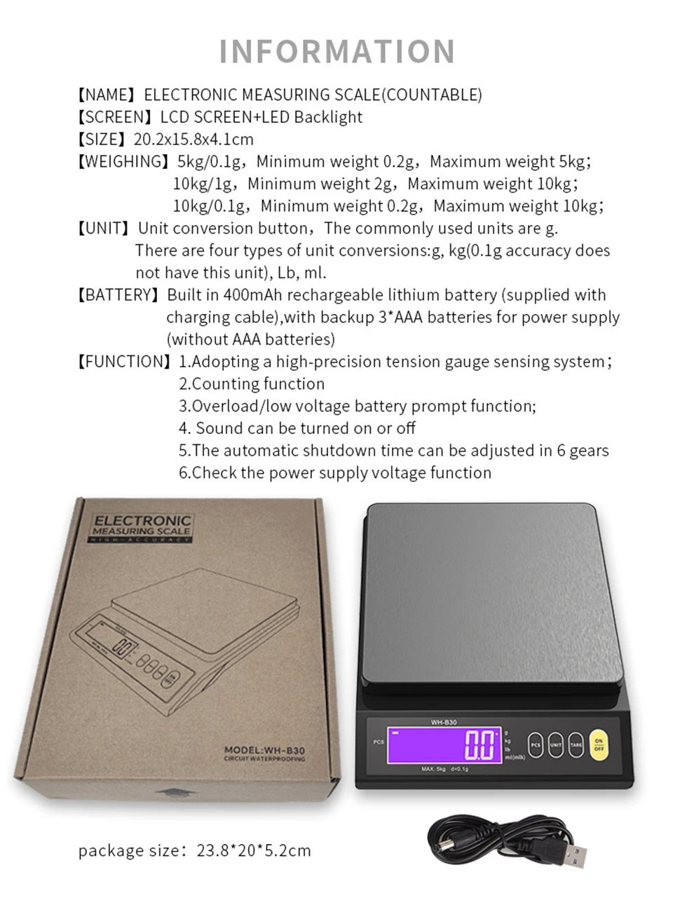 5kg/10kg Rechargeable Digital Electronic Kitchen Scale Household ...