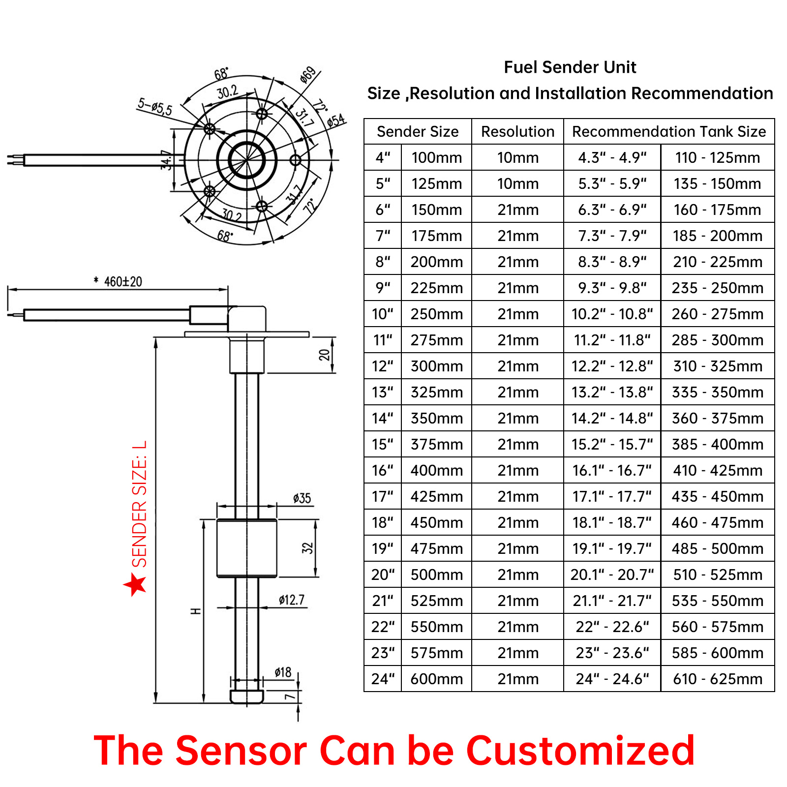 100-550mm 0-190Ohm Fuel Float Sensor + Fuel Level Gauge 7 Color LED ...