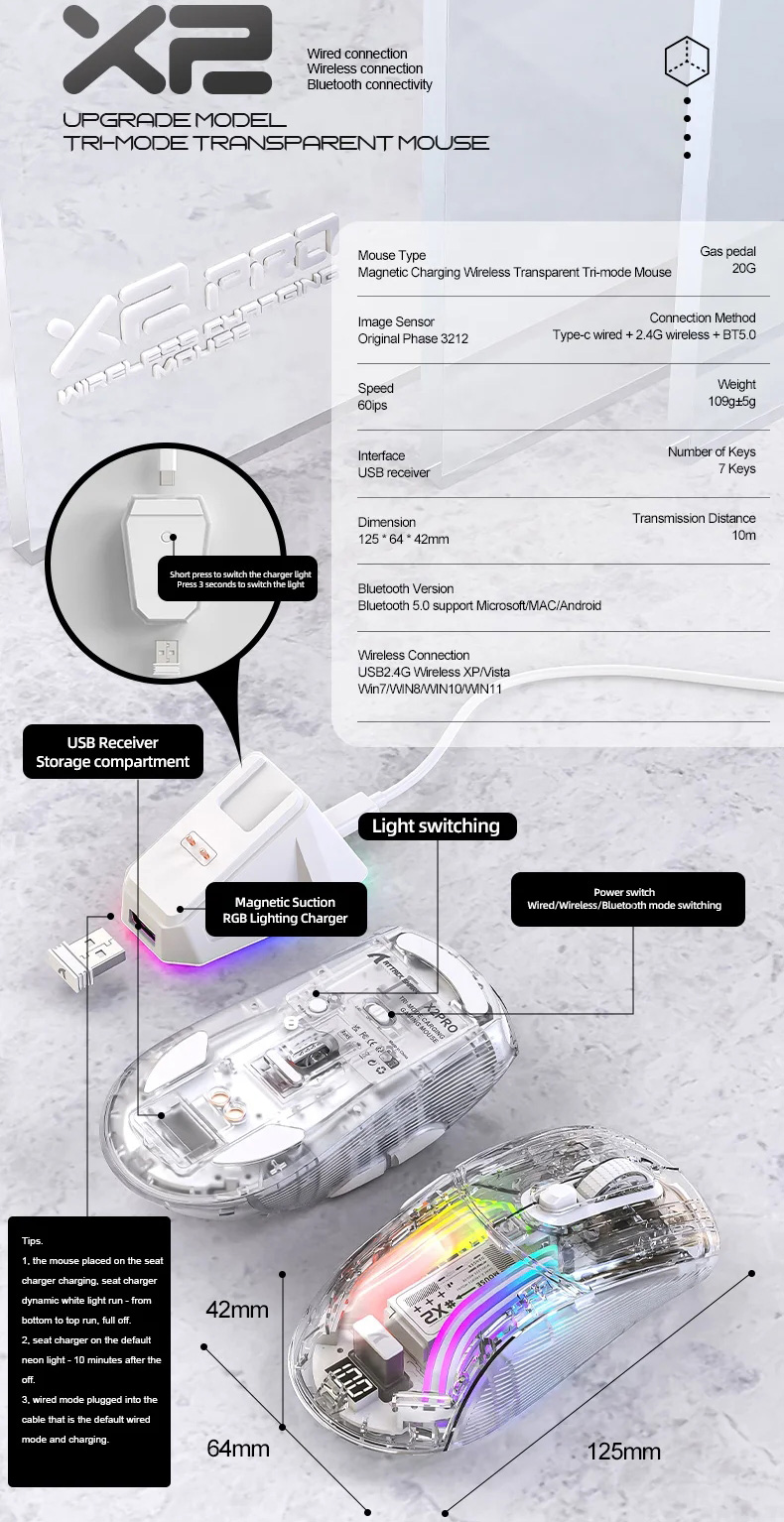 Attack Shark X2 Pro Magnetic Charging Bluetooth Mouse, Tri-Mode , RGB ...