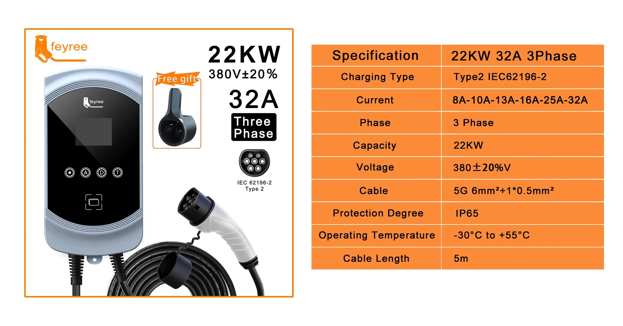 feyree EV Charger 22KW 32A 3 Phase EVSE Wallbox Electric Vehicle Car ...