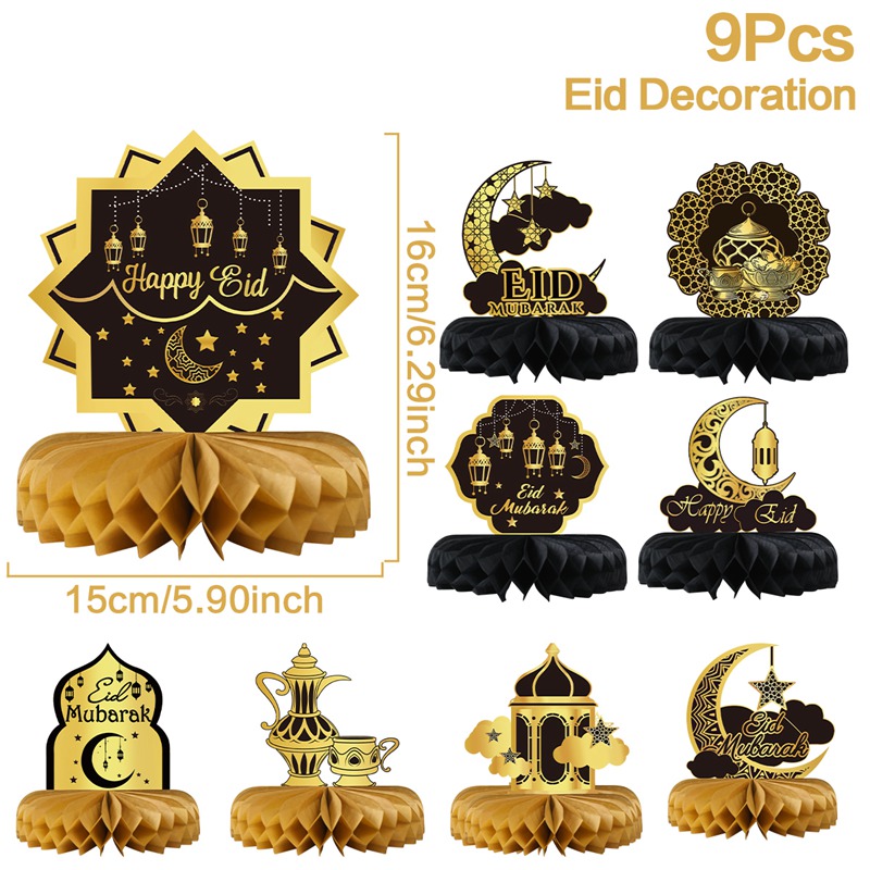 9pcs/set Happy Eid Decorations Eid Mubarak Honeycomb Ornaments 3D Black ...