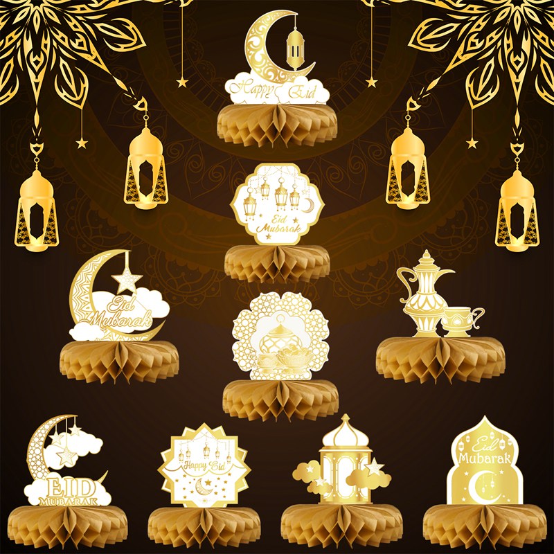 9pcs/set Happy Eid Decorations Eid Mubarak Honeycomb Ornaments 3D Black ...