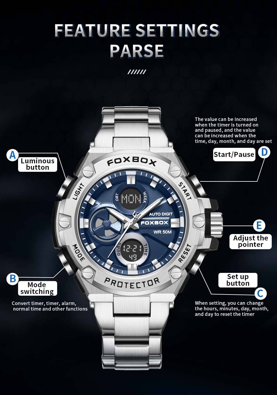 LIGE x FOXBOX Watch Men Waterproof Analog Digital Stainless Steel ...