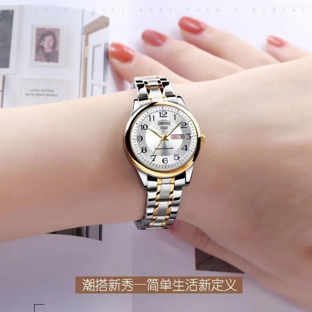 ORUSS Original Women/Men Luxury Dual Calendar Stainless Steel Ladies ...