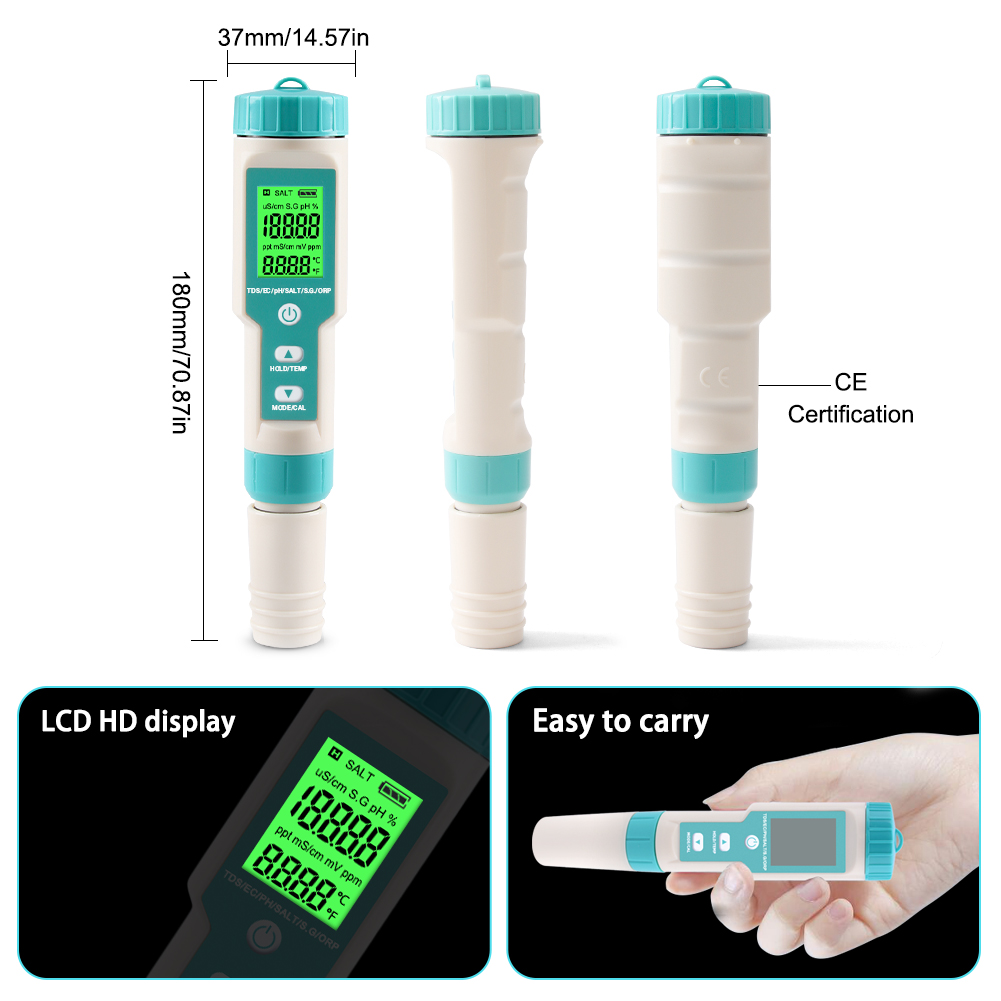 YIERYI 7 in 1 PH/EC/TDS/Salinity/S.G/ORP/Temperature Meter Digital ...