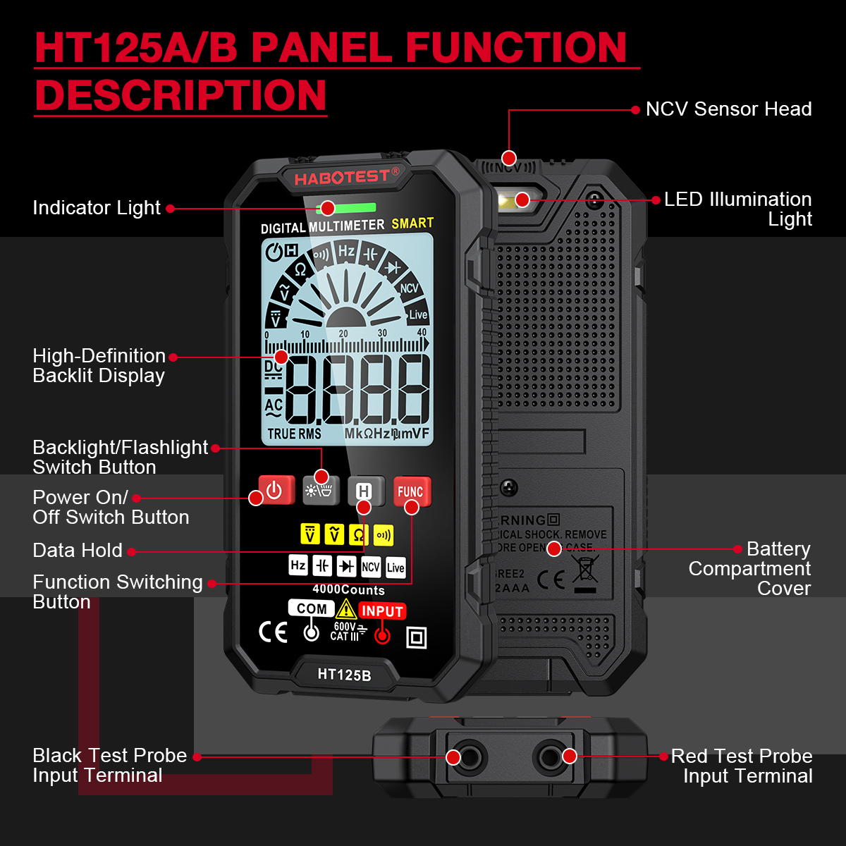 HABOTEST HT125 Smart Digital Multimeter 600V AC/DC Voltmeter 4000 ...