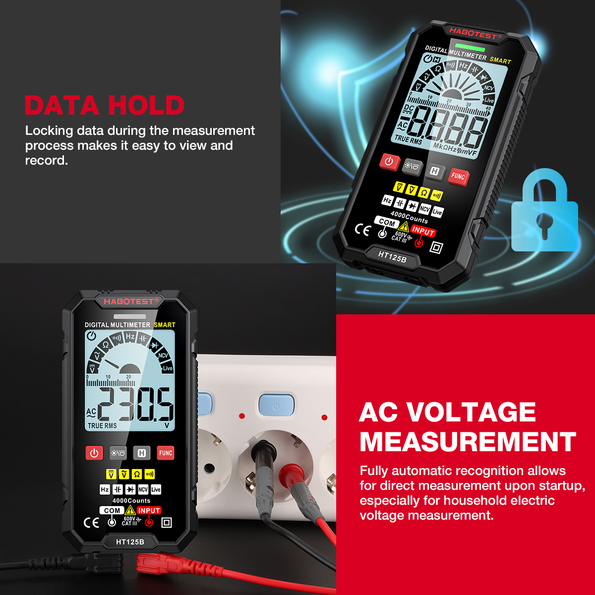 HABOTEST HT125 Smart Digital Multimeter 600V AC/DC Voltmeter 4000 ...