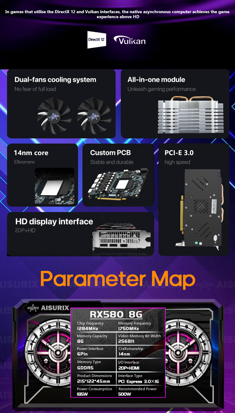 AISURIX RX 580 8GB Graphics Card Computer GPU Video Card GDDR5 256Bit ...
