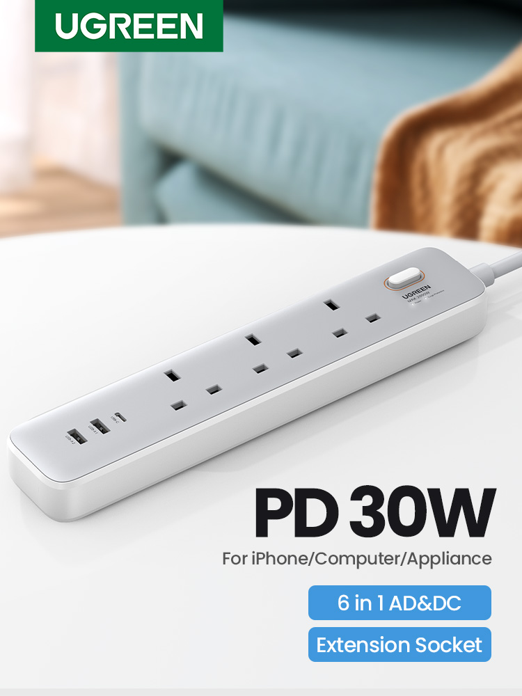 Ugreen PD30W 6-in-1 USB-A USB-C Fast Charging Extension Socket with 2m ...