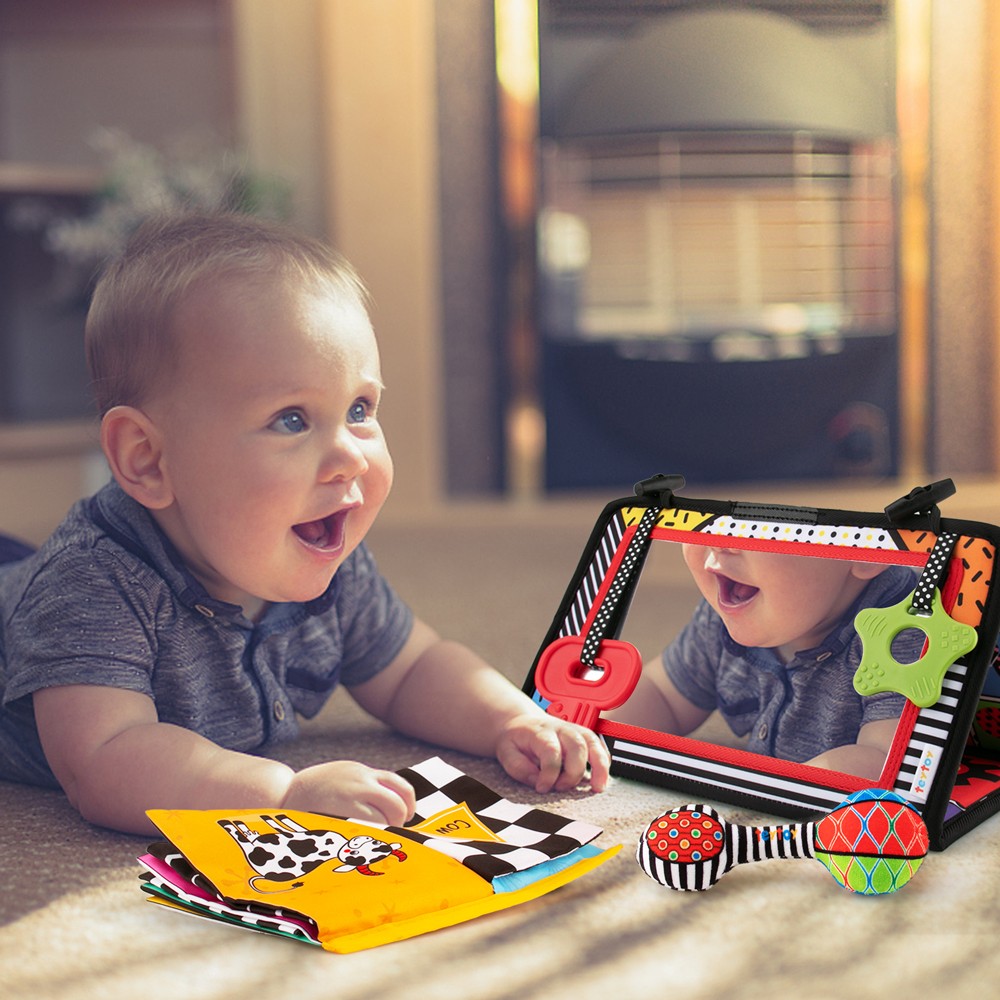 3-in-1 Tummy Time Mirror Toys with Soft Crinkle 3D Activity Book ...