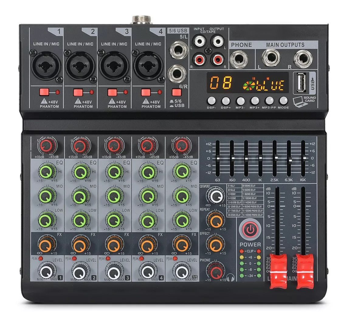 BOMGE RV4/6 Professional 4/6 Channel Audio Mixer with 16 DSP Effects,7 ...