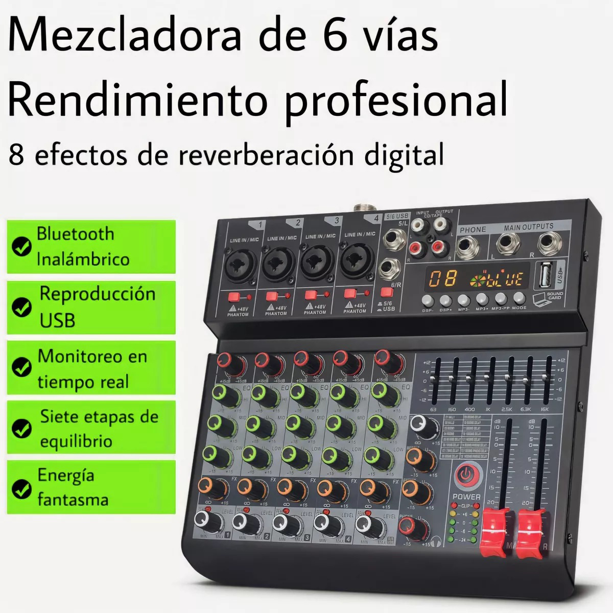 BOMGE RV4/6 Professional 4/6 Channel Audio Mixer with 16 DSP Effects,7 ...